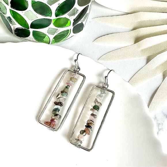 Jewelry | 23 Stacked Stone Bead Earrings Silver Rectangle Wire Dangle ...